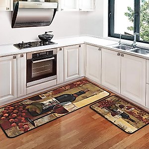 OUXIOAZ Wine Kitchen Rugs and Mats [2 PCS], Non Skid Washable Absorbent Microfiber Kitchen Mat for Doormat Bathroom Runner Set (17"x47"+17"x30", Wine)