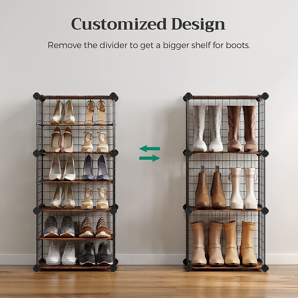 SONGMICS Shoe Rack, 18-Pair Storage Organizer, Portable Cube Shoe Organizer with Plastic Panels, DIY Modular Cabinet with Adjustable shlves, for Closet, Bedroom, Rustic Brown and Black ULPM036A01