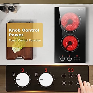 2 Bruner Electric Cooktop, Plug in Electric Cooktop 110v, 12 Inch Kitchen Electrics Stove Countertop & Built-In, Knob and Touch Control, 9 Power Levels, 2000w, Safety Lock, Pause, Timer, Karienvir