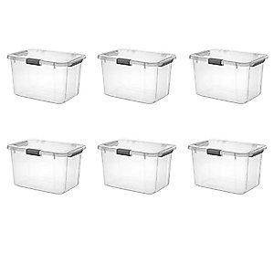 30 Qt. Plastic Storage Box Tote Organizing Container With Durable Lid , Stackable and Nestable Snap Lid Plastic Storage Bin, 6 Pack, Clear With Gray Buckle