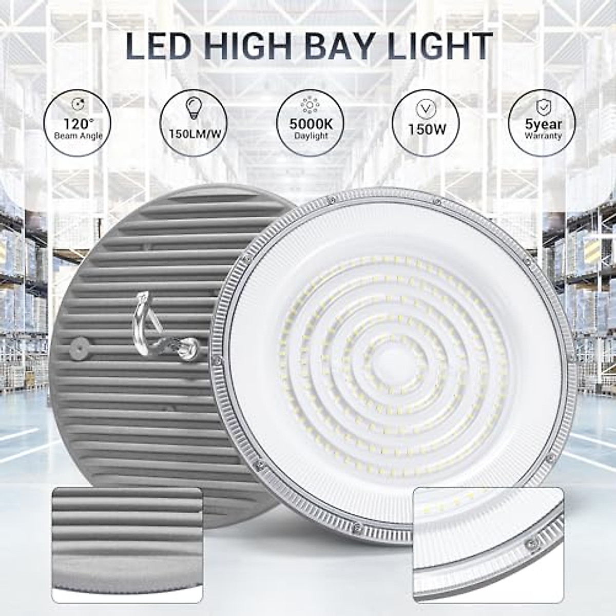 YANYCN 6 Pack 150W UFO LED High Bay Lights,IP66 Waterproof,85-277V,21050LM 5000K Daylight, 660W MH/HPS with Plug Commercial Bay Lighting for Barn,Gym,Factory,Warehouse,Shop,Workshop,Gym,Garage