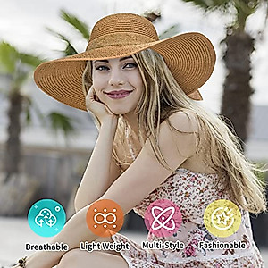 Womens Sun Hat - Wide Brim Floppy Beach Hats for Women Foldable Straw Hat with Heart Shaped Sunglasses UPF 50+, A-Khaki