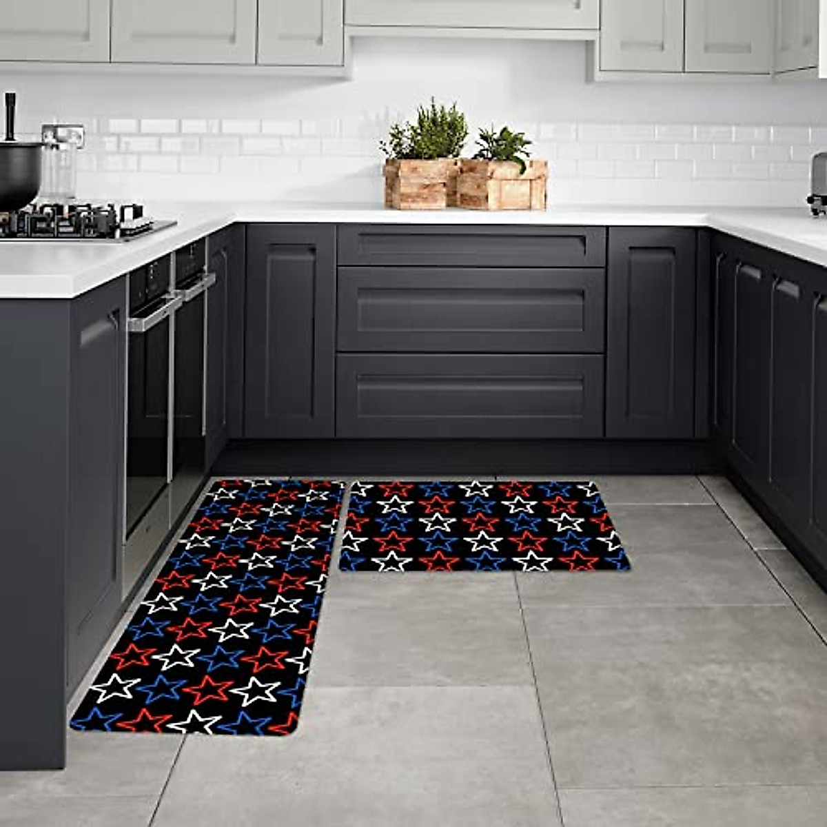 Libaoge Kitchen Mat Rug Set of 2 Independence Day White Red Blue Star Runner Rug Anti-Fatigue Comfort Memory Foam Standing Mat Non-Slip Floor Door Mat for Bathroom 18x30in+18x60in