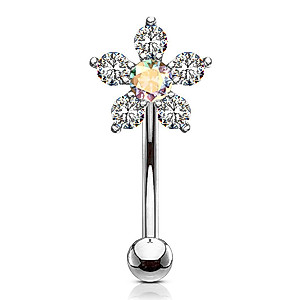 Forbidden Body Jewelry 16g 6mm Curved Barbell for Daith, Eyebrow, Rook & Belly Button w/CZ Floral Top, Clear/Aurora Borealis