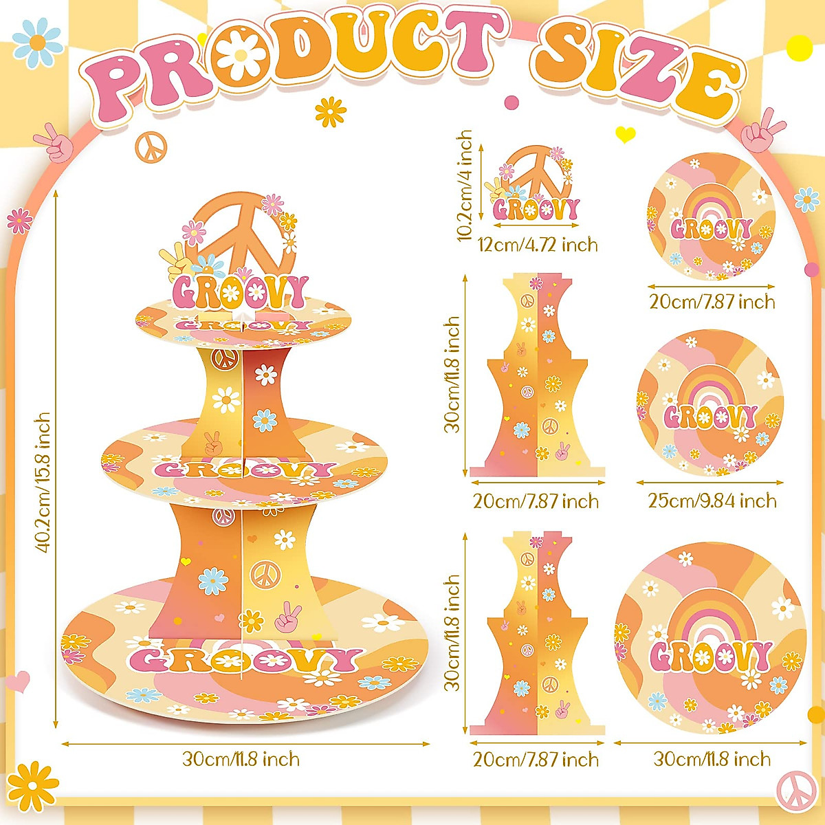 Nuenen 3 Tier Groovy Hippie Cupcake Stand Party Decorations Retro Hippie Boho Cupcake Holder Daisy Flower Groovy Rainbow Dessert Tower for Teens Adults Groovy Hippie Theme Birthday Party (Groovy)