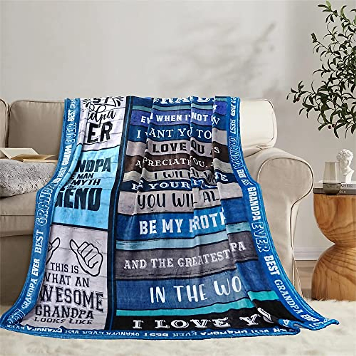 Sixftop Best Grandpa Ever Blanket Gifts from Grandson and Grandaughter Fathers Day Birthday Gifts for Grandpa Papa | to Grandpa Letter Christmas Bday Presents for Papa Throw Blanket 50” X 60"