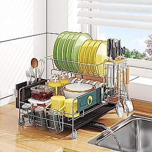slhsy Dish Drying Rack,2 Tier Dish Racks for Kitchen Counter, Rust-Proof Dish Drainer,Large Dish Drying Rack with Drainboard,Utensil Holder,Knife Block and Drying Mat