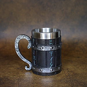 Ottalent Nordic Viking Mug,Oak Wooden Beer Stein Stainless Steel Liner,Nordic mythology Viking Runes Tankard Coffee Cup for Men Father’s Day Gift 18oz.