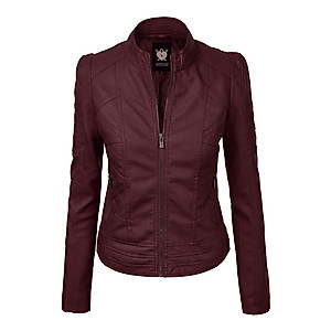 Lock and Love LL WJC746 Womens Vegan Faux Leather Motorcycle Jacket L Wine