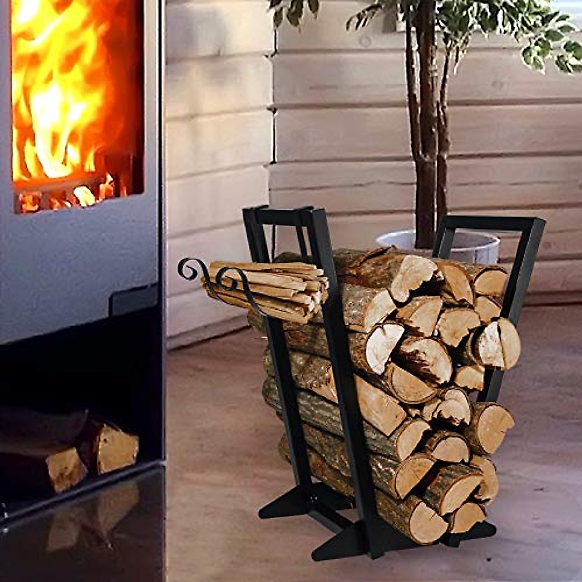 AJART Adjustable Outdoor Firewood Log Rack, 22 Inch Metal Wood Holder for Fireplace or Stove - Black