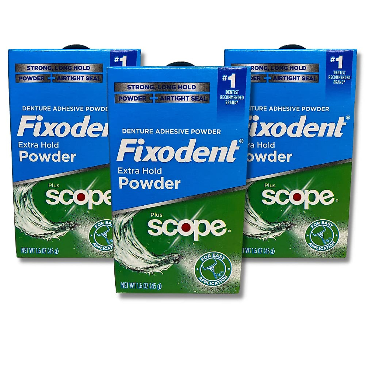 Fixodent Extra Hold Powder Plus Scope Denture Adhesive Strong 1.6oz Pack of 3 (3 Items), 818-0556
