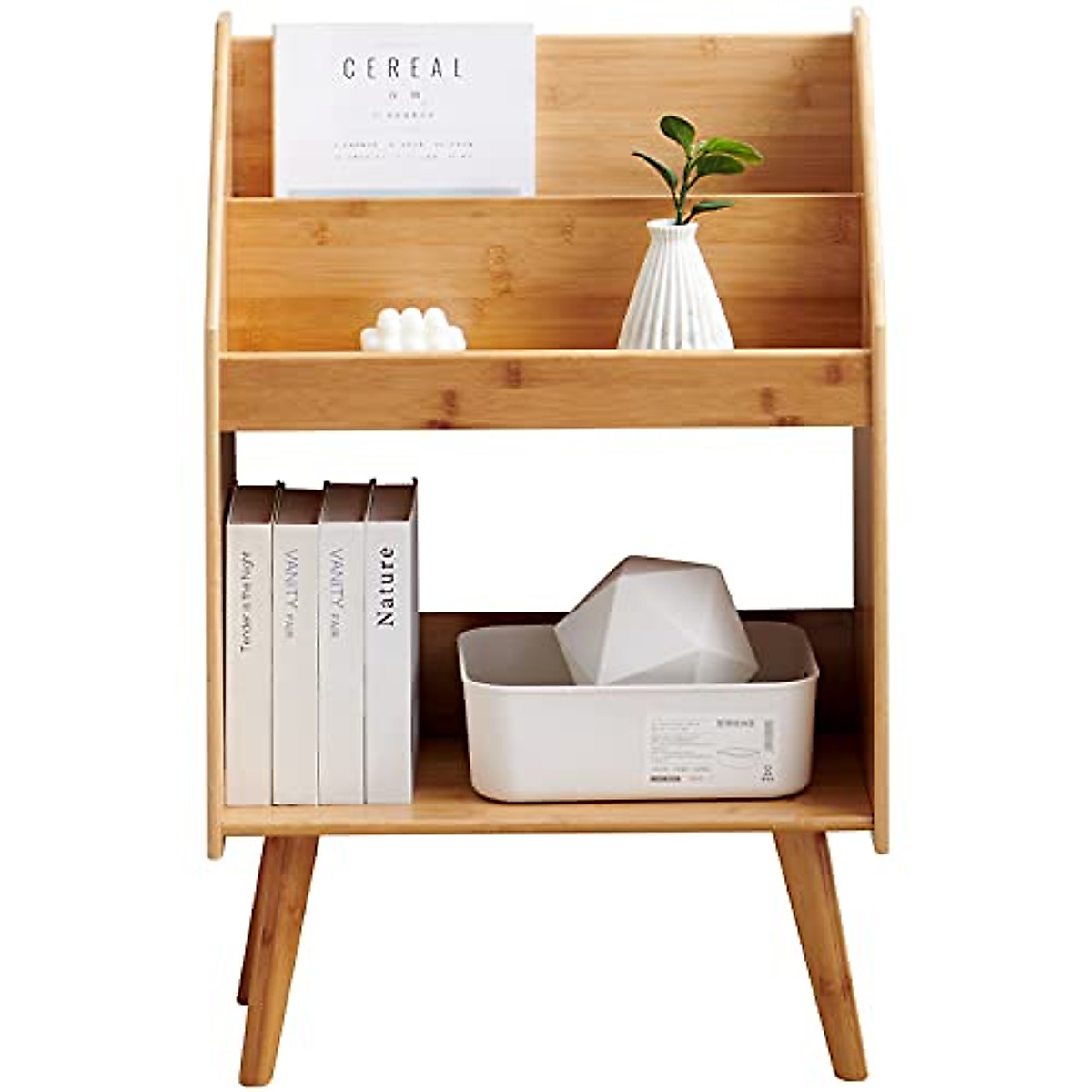 AbocoFur Bamboo Floor Book and Magazine Display Shelf, 20.67"(L) x10.63(W) x30.71(H), Multifunction Free Standing Organizer Storage Rack, Small Bookcase for Home, Office, Burlywood