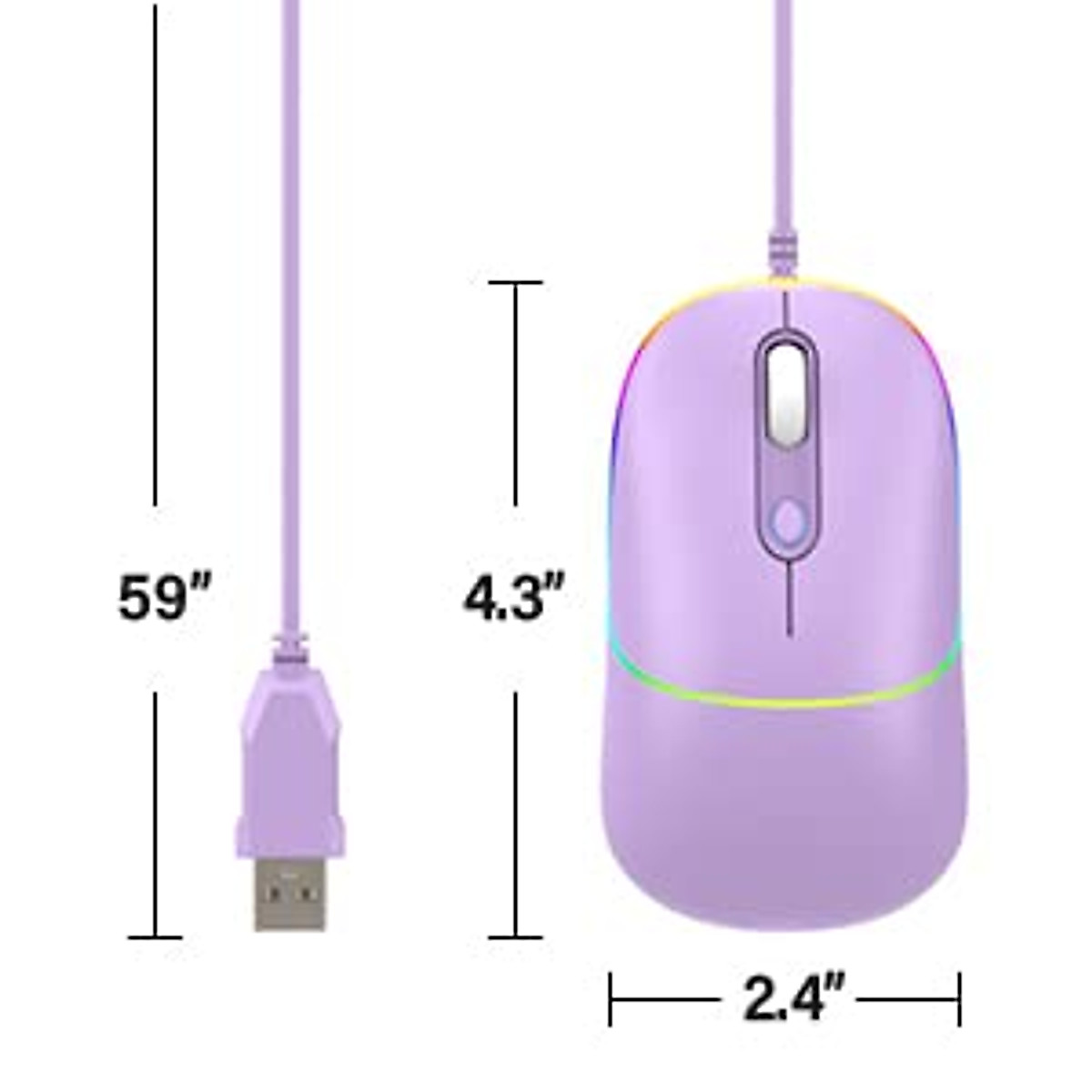 FENISIO Wired Mouse, LED Computer Mouse Wired, 4 Adjustable DPI up to 6400 Ultra Silent Mouse, Optical Tracking USB Mouse Soft Rubber Corded Mouse for Laptop PC Windows (Purple)