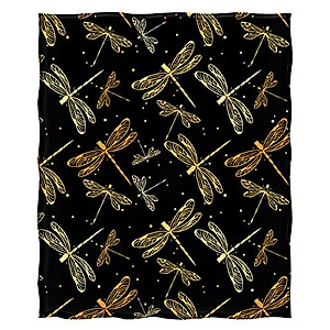 Levens Dragonfly Blanket Gifts for Boys Girls Women Decor for Home Bedroom Living Room Lounge Sofa, Soft Fluffy Smooth Lightweight Throw Blankets Gold Black 50"x60"