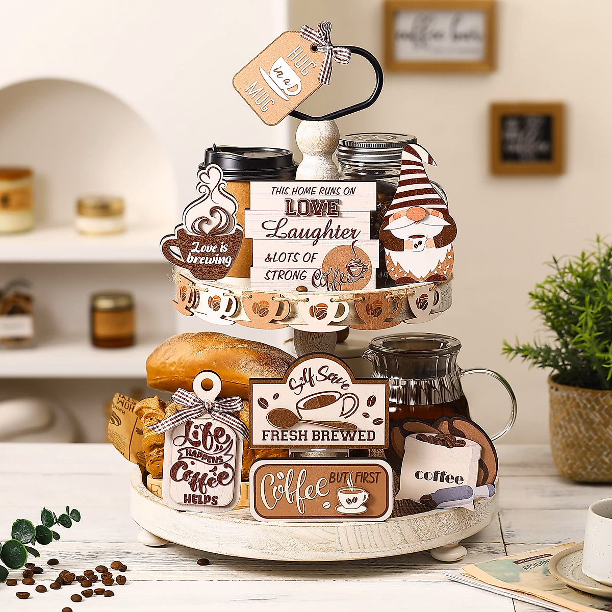 14 Pieces Coffee Tiered Tray Decor Set Coffee Theme Tiered Tray Decor Coffee Wood Signs Coffee Sign Rustic Trays Decor for Summer Home Kitchen Table Decor