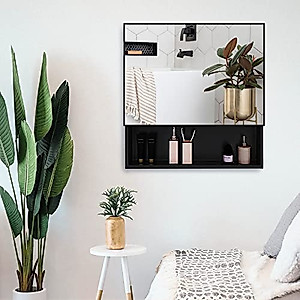 YEPOTUE Mirrored Medicine Cabinet, 23.6" x19.6 Black Bathroom Medicine Cabinet Wall Mounted Space Aluminum Storage, Water, and Rust Resistant, Surface Mount