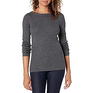 Amazon Essentials Women's Lightweight Ribbed Long-Sleeve Boat Neck Slim-Fit Sweater, Charcoal Heather, Medium