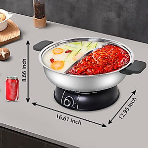 Austric Electric Shabu Shabu Hot Pot, 304 Stainless Steel Hot Pot with Divider Electric pot with Tempered Glass Lid for Party, Family Gathering,5L large capacity… (HS-160BU-Lift)