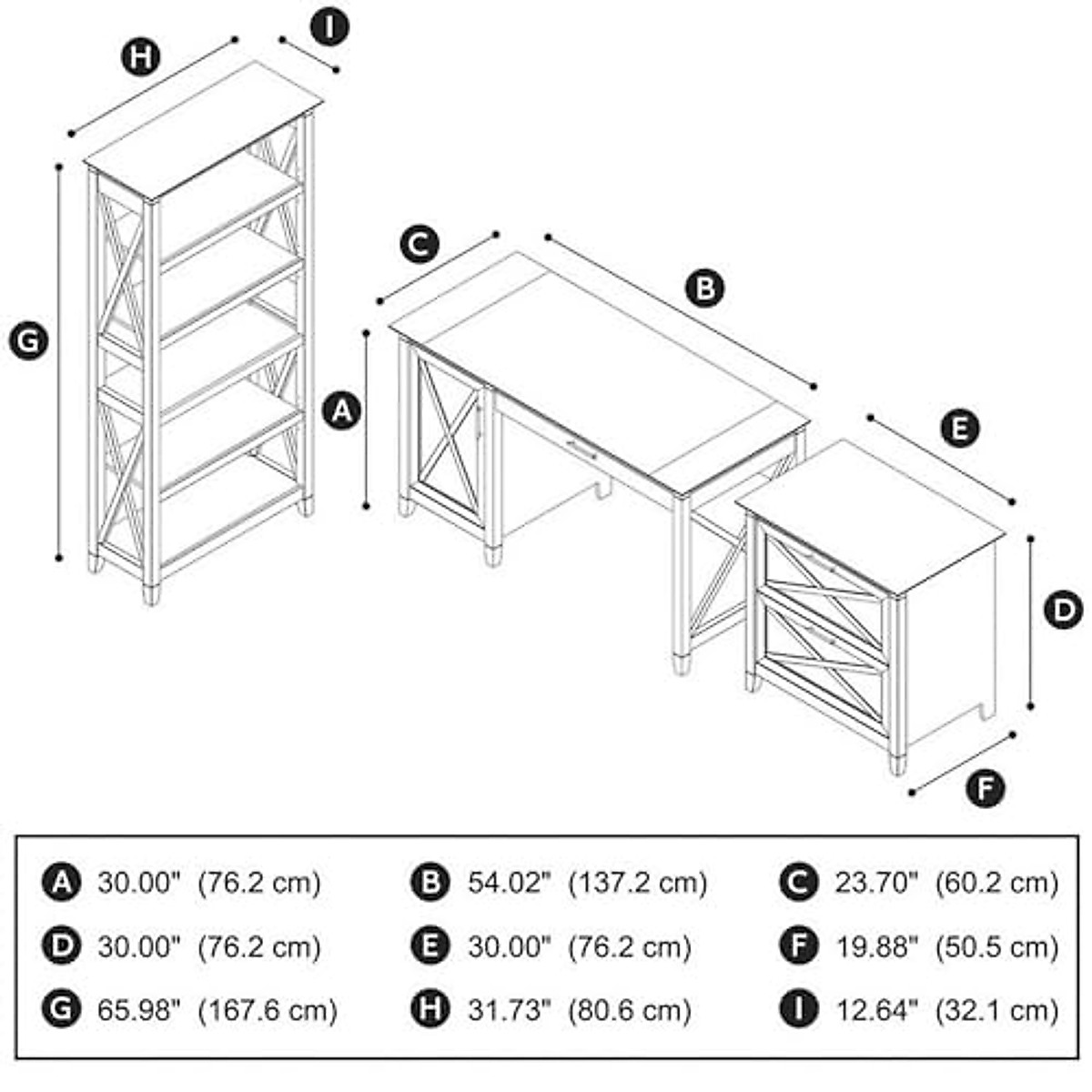 Bush Furniture Key West 54W Computer Desk with 2 Drawer Lateral File Cabinet and 5 Shelf Bookcase in Washed Gray