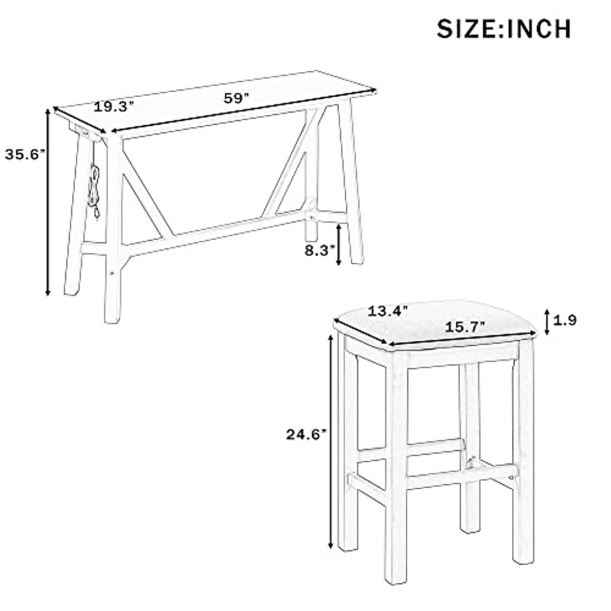 Merax 4-Piece Bar Table Set with USB Port and 3 Fabric Padded Stools w/Footrest, Rustic Bar Dining Set