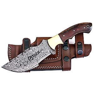 Ottoza Tracker Knife & Bone Handle - Damascus Hunting Knife - Horizontal Carry Knife Sheath 256