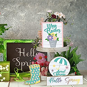 4 Pcs Hello Spring Home Wood Sign April Showers May Flowers Table Decor Signs Rain Shoes Umbrella Farmhouse Kitchen Table Decor Decorative Wooden Signs for Home Decor Spring Party Decorations