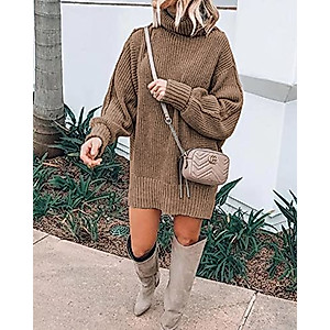 BTFBM Women Fashion Sweater Short Dress Long Sleeve Turtleneck Oversized Fall Winter Soft Chunky Knit Pullover Sweaters(Solid Khaki, Small)
