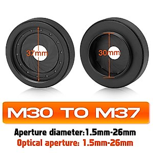 Adjustable Iris Aperture Diaphragm M30 to M37 Iris Aperture Diaphragm Adapter Optical Diaphragm 1.5-26mm Lens Module Adapter Ring Optics PVS-14 PVS 14 Optics (M30/M37*1)