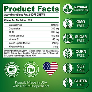 Glucosamine for Dogs - Hip and Joint Supplement for Dogs - Glucosamine Chondroitin for Dogs - Dog Joint Pain Relief - MSM - Hemp Oil - Advanced Support Dog Joint Supplement Health - 120 Mobility Chews