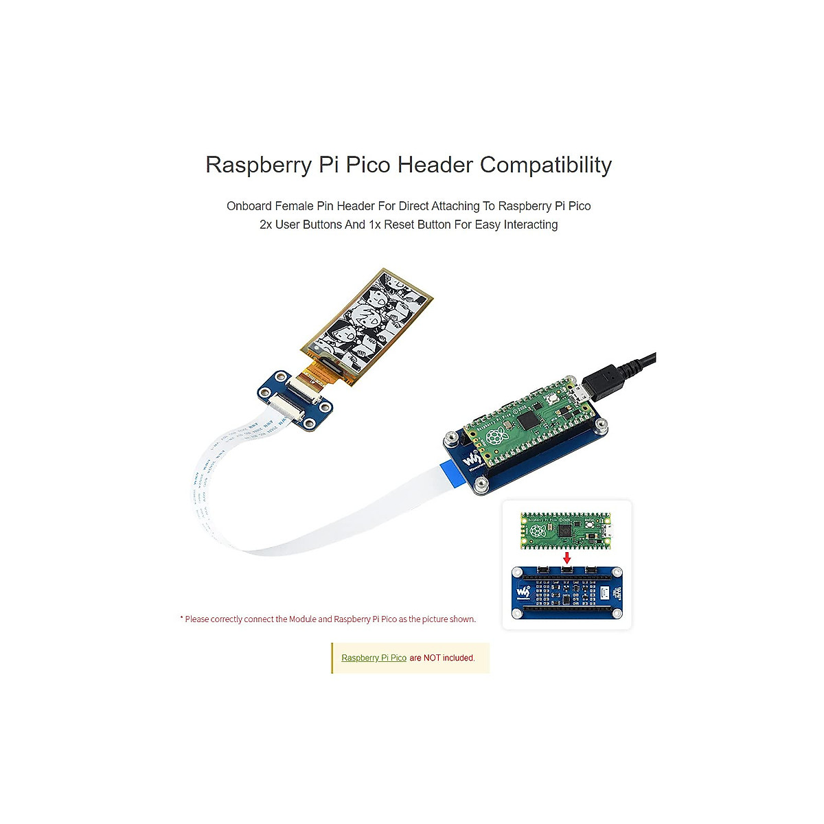 Waveshare 2.13inch Flexible E-Paper E-Ink Display Module for Raspberry Pi Pico 212×104 Pixels Black/White SPI Interface