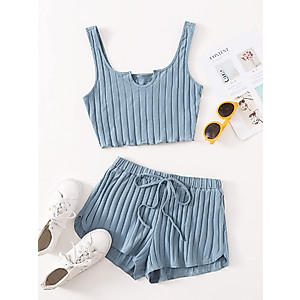 Verdusa Women's Notch Neck Cami Tank Top and Dolphin Shorts Lounge Pajama Set Blue XS