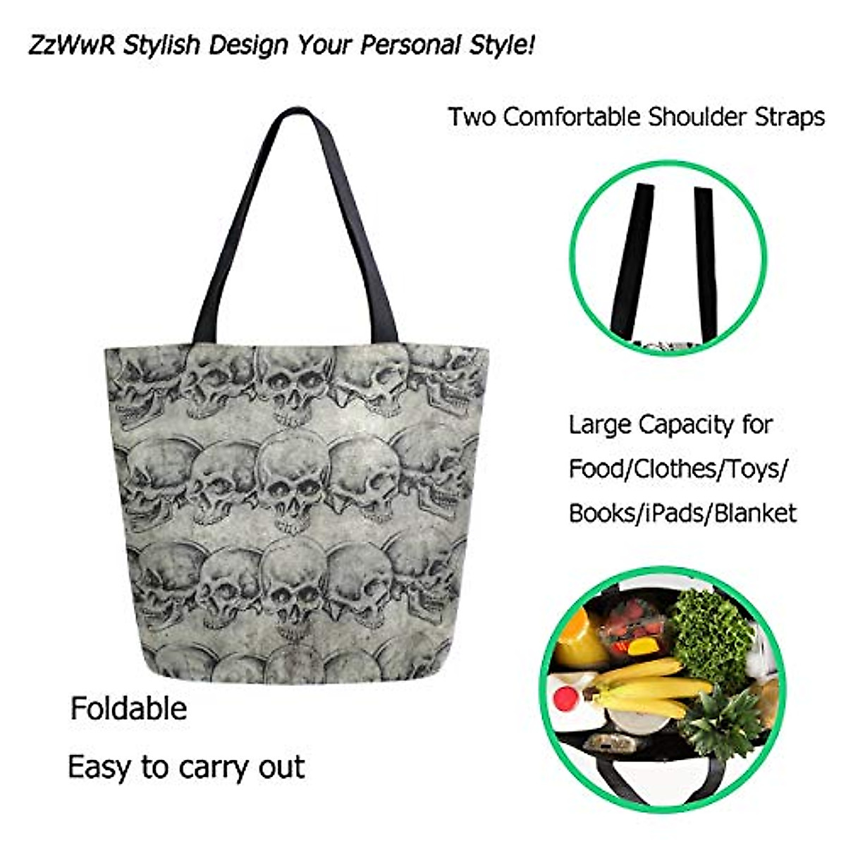 ZzWwR Vintage Skull Tattoo Pattern Large Canvas Gym Beach Travel Reusable Grocery Shopping Tote Bag