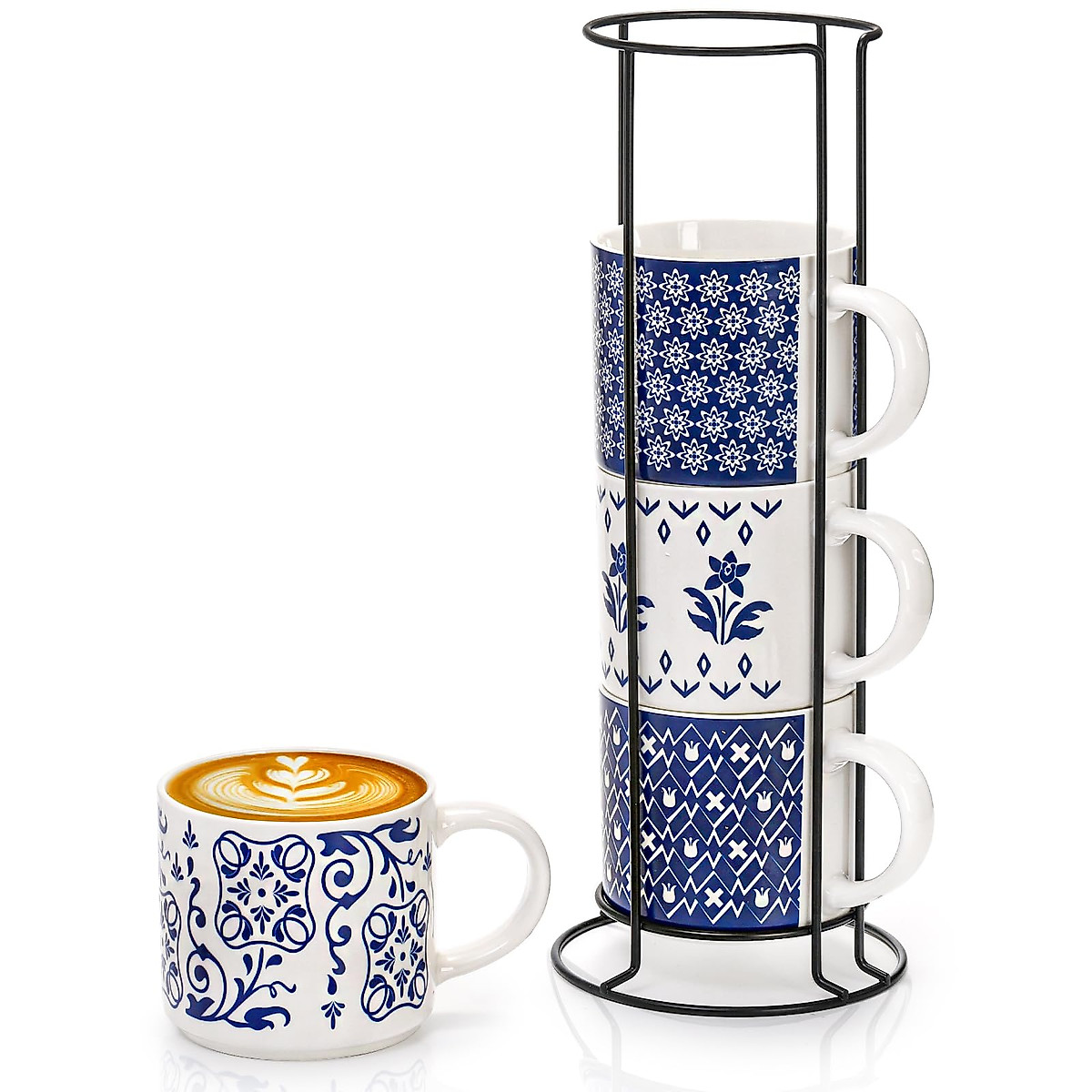 Eorbow 4 Pack Ceramic Coffee Mug Set with Rack, 16 OZ Stackable Cappuccino Cups with Metal Stand, Blue and White Porcelain Tea Mugs for Latte, Americano, Milk, Hot Cocoa, Beverages, Microwave Safe