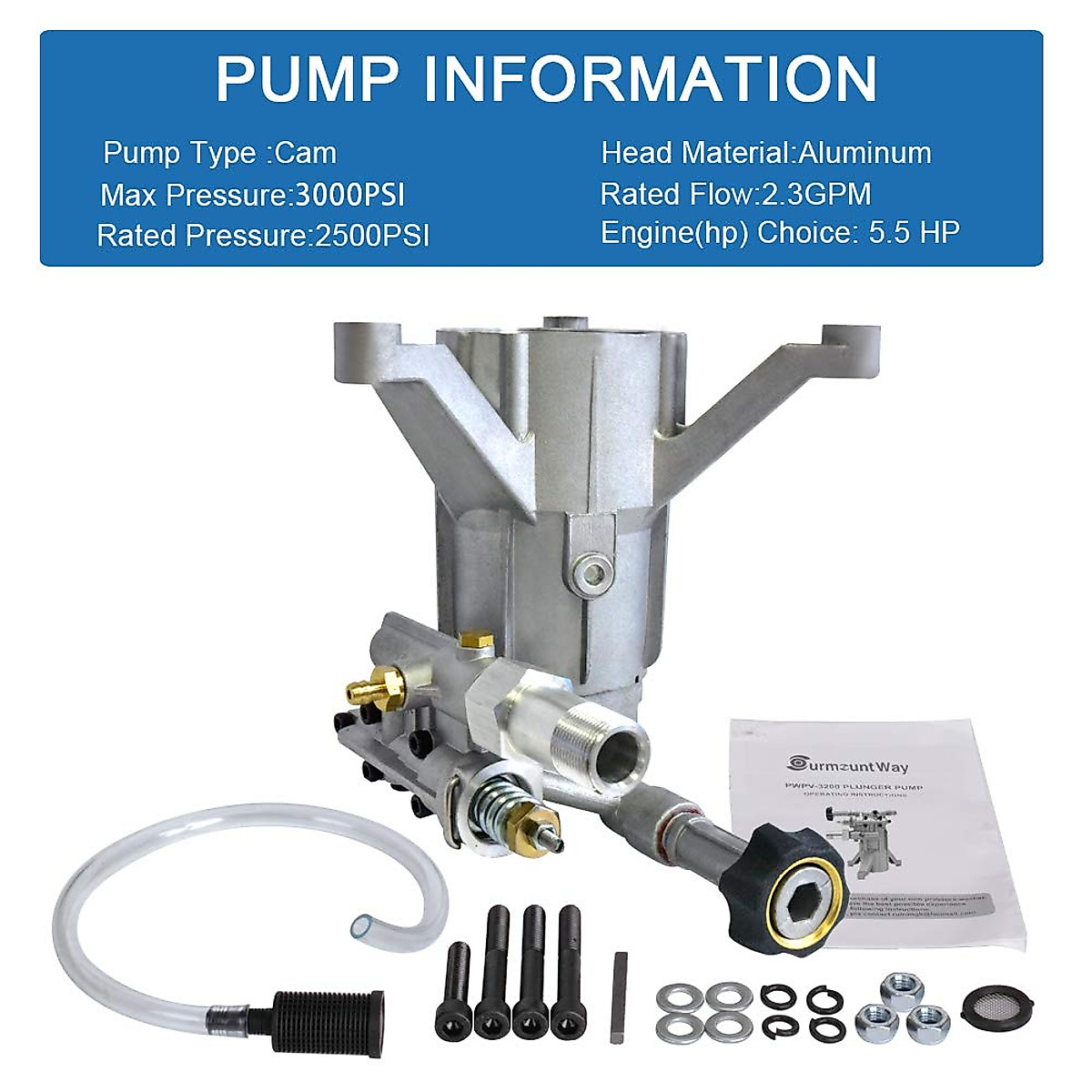 Surmountway 3000 PSI Pressure Washer Pump Vertical 7/8" Shaft Replacement Power Washer Pump 2.3 GPM for 308653052,308653006, 202274GS（Vertical）