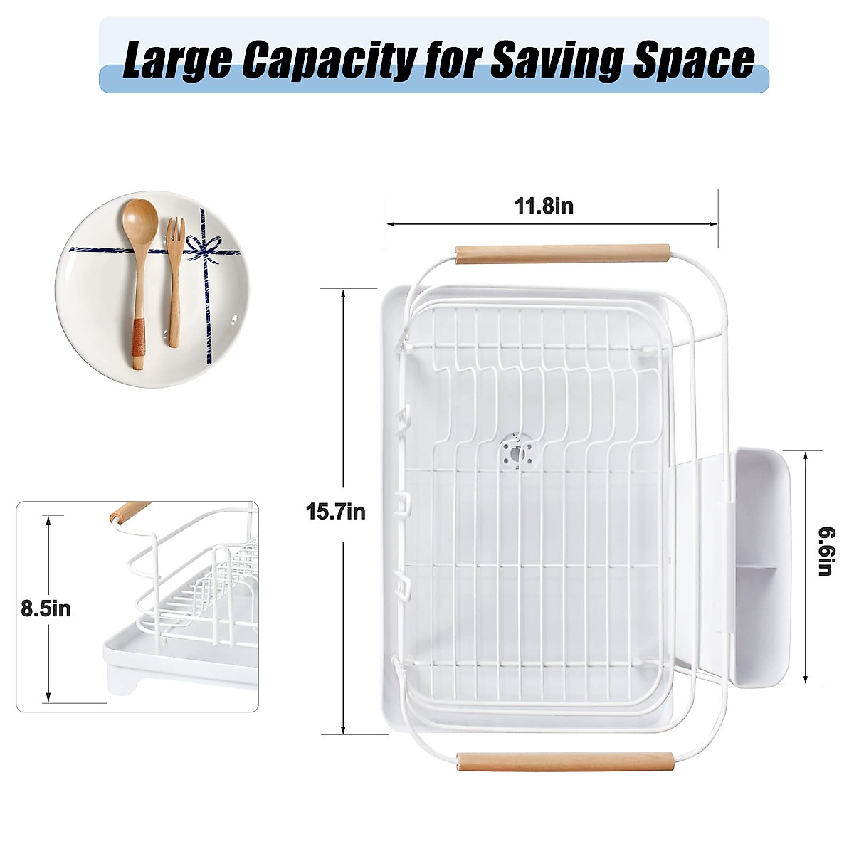 BRIAN & DANY Dish Drying Rack, Dish Racks for Kitchen Counter, Stainless Steel Dish Drainer with Cutlery Holder & Drainboard, 15.5"x 11.8"x 8.58", White