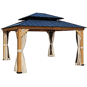 EROMMY 13'x15' Wood Gazebo, Outdoor Hardtop Gazebo Pavilion with Netting and Curtains, Spruce Wooden Frame Double Roof Metal Canopy for Patio Backyard Deck Garden