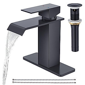 CREA Black Waterfall Bathroom Faucet 1 Hole,Matte Black Bathroom Faucet Single Handle Bathroom Sink Faucet with Pop Up Drain Stopper/ 3 Hole Plate,Stainless Steel RV Vanity Faucet Basin Mixer Tap