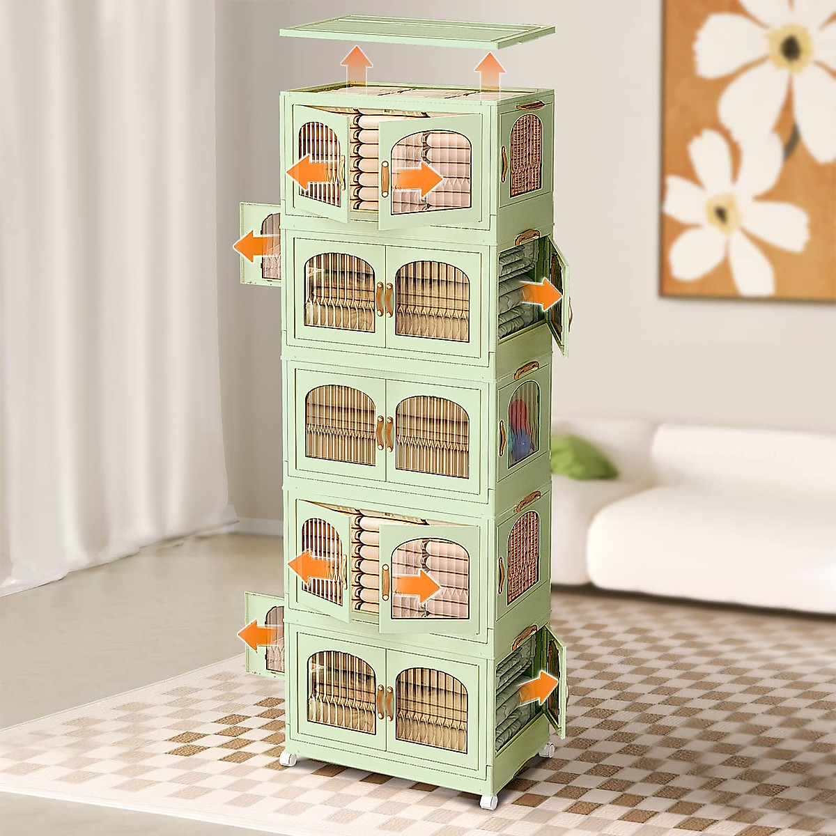 EHAMILY Stackable Storage Bins with 1 Lid Set 5 Tier,8.4 Gal Clear Plastic Folding Storage Box with Wheel and Door,Large Foldable Cabinet Collapsible Bin for Closet Organizer,Clothes,Green