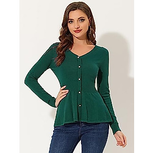 Allegra K Knit Peplum Tops for Women's Ribbed V Neck Long Sleeve Peplum Sweaters Small Dark Green