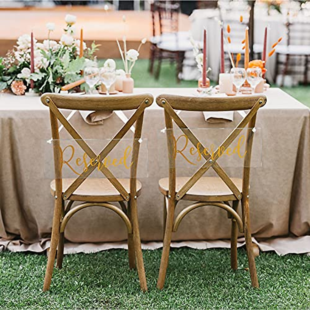 6 Pcs Reserved Signs for Wedding Chairs Reserved Chair Signs Reserved Hanging Sign Reserved Signs for Wedding Reserved Seating Signs for Chairs Acrylic Handmade Seat Signs with Ribbon(Gold)