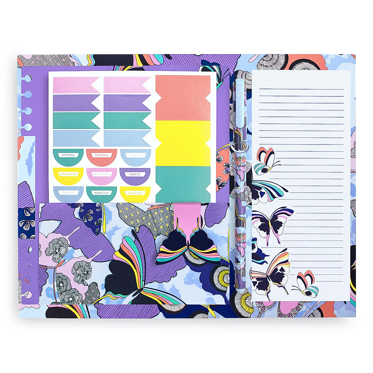 Vera Bradley Planner Accessories Pack, Fits Inside All VB Spiral Planners, Snap-In Pocket Folder with List Pad, Sticker Sheet, Gel Pen, and Magnetic Page Keeper, Butterfly By
