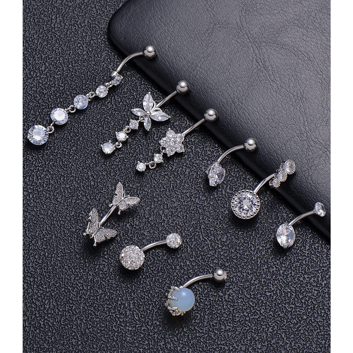 Ofeiyaa 9Pcs 14G Dangle Belly Button Rings Skull Butterfly Heart CZ Navel Rings Barbell Body Piercing Jewelry for Women