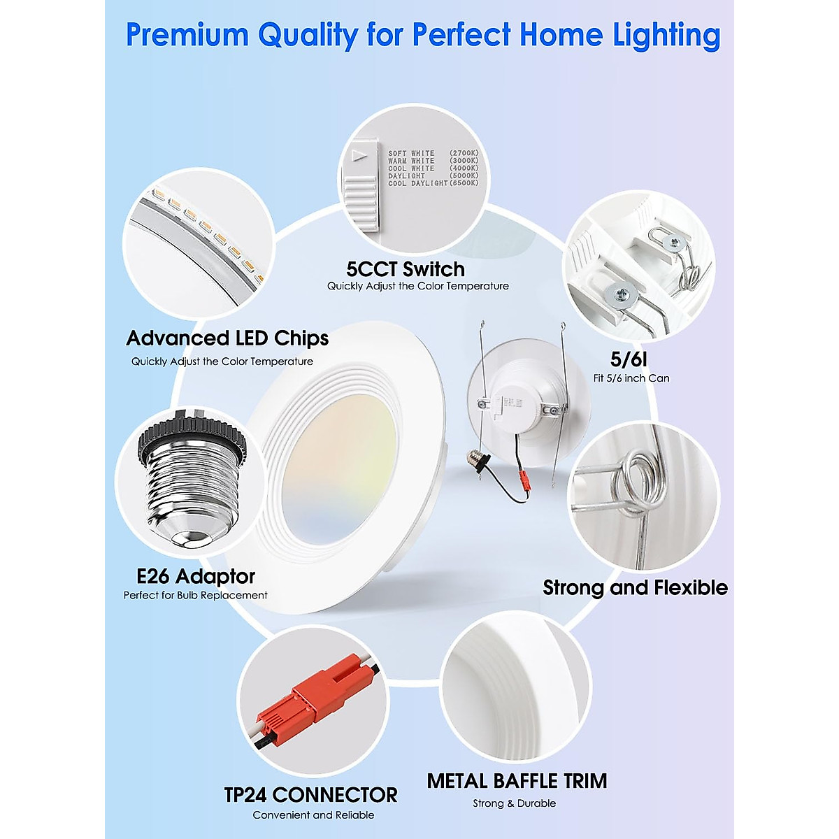 Energetic 5/6 Inch 5CCT LED Recessed Light, 2700K-6500K Selectable Downlight, Can Lights with Baffle Trim, CRI 90, Wet Rated, E26 Base, 10.5W=85W, Dimmable, Simple Retrofit Installation, ETL, 6 Pack