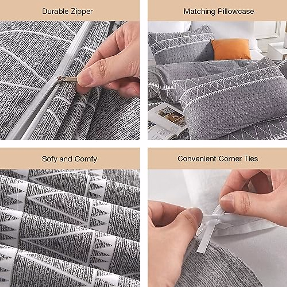 Tokokimo Duvet Cover King Size, Soft Microfiber Boho Aztec Quilt Cover Set Gray Bohemian King Bedding Duvet Cover Sets with Zipper Closure Corner Ties