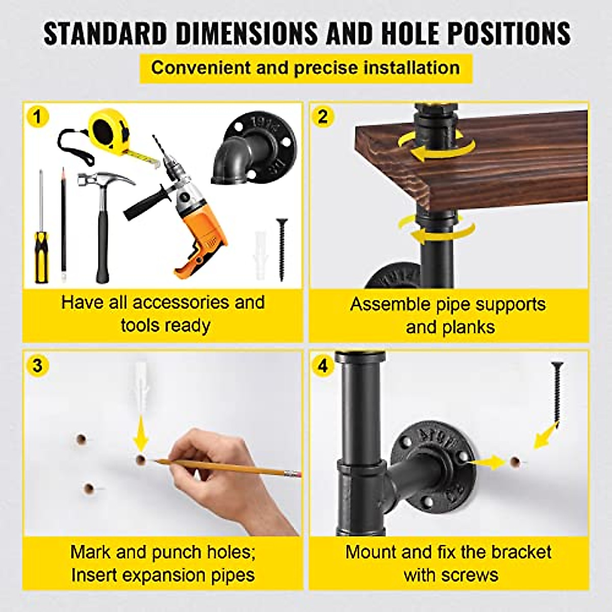 VEVOR Industrial Pipe Shelving, Pipe Shelves with 3-Tier Wood Planks, Rustic Floating Shelves Wall Mounted, Wall Shelf DIY Bookshelf for Bar Kitchen Bathroom Farmhouse Living Room, 9x12x43 inch