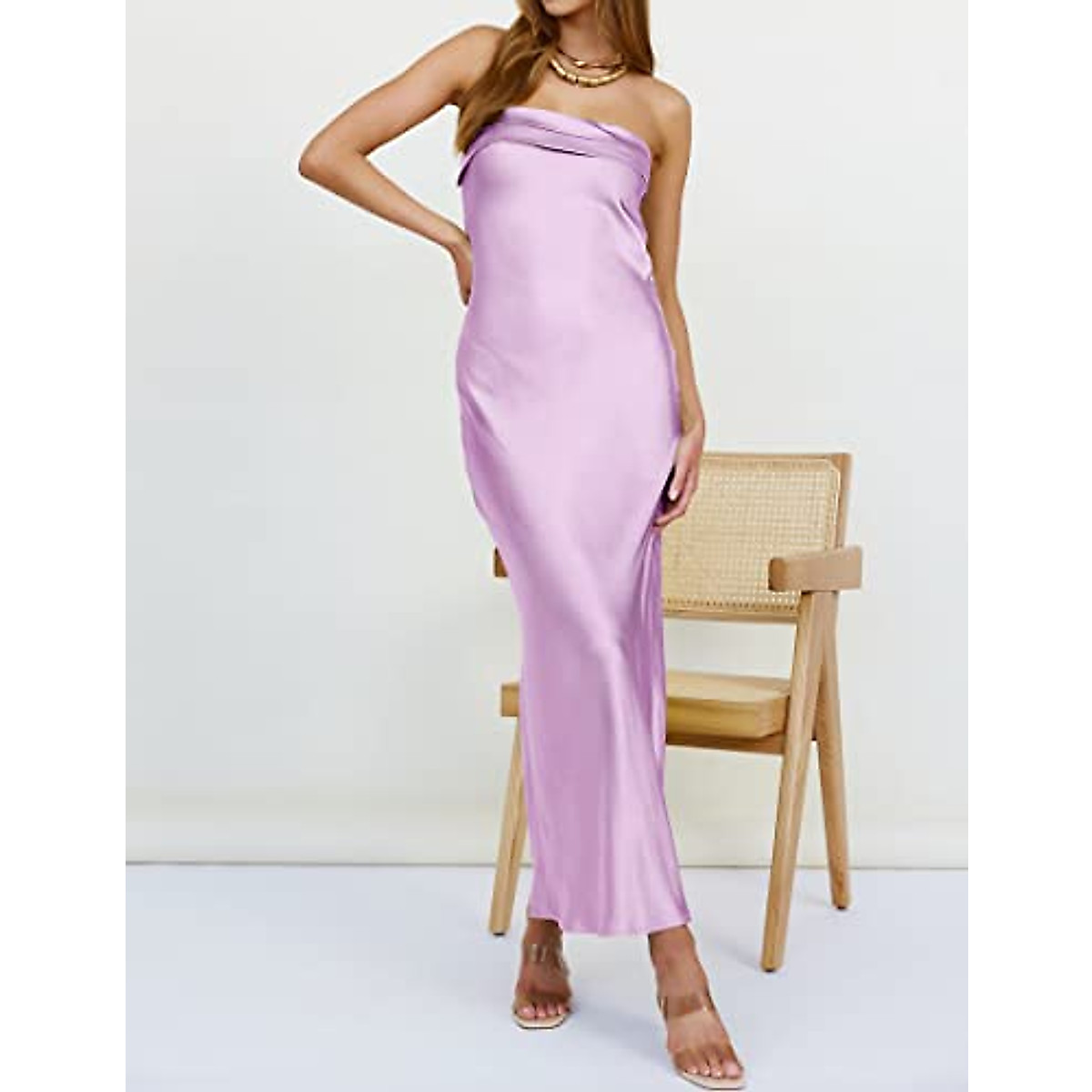ZESICA Women's 2023 Summer Satin Strapless Dress Sexy Backless Bodycon Wedding Cocktail Party Maxi Dresses,Purple,X-Large