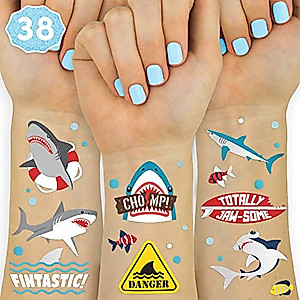 xo, Fetti Shark Temporary Tattoos - 38 Metallic Styles | Underwater Sea Creature, Ocean Animal Birthday Party Supplies, Summer, Totally Jawsome, Arts and Crafts