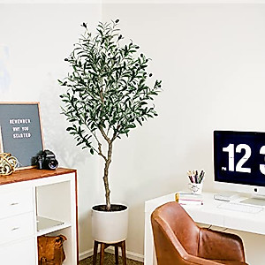 Kayfia Artificial Olive Tree 4.3FT Tall Fake Tree Silk with Rope Woven Basket Free Snowflake Light Strip and Olive Branches Tall Faux Plants for Modern Office Living Room Entryway Home Decor Indoor