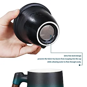 Ohtomber Tea Cup with Tea Infuser and lid for Loose Leaf Tea, 12oz Ceramic Tea Cup with Fine Mesh Tea Strainer, Wood Handle Loose Leaf Tea Steeper Coffee Mug, Tea Diffusers Filter Mug, Birthday Gifts