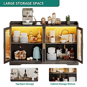 YITAHOME Coffee Bar Cabinet w/LED Light, 55'' Sideboard Buffet Cabinet with Storage with Adjustable Shelves, Storage Cabinet with 4 Doors for Kitchen, Living Room, Charcoal Grey